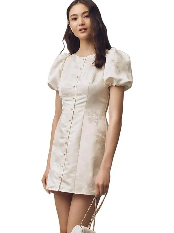 HUTCH Puff-sleeve Jacquard Mini Dress - Ivory