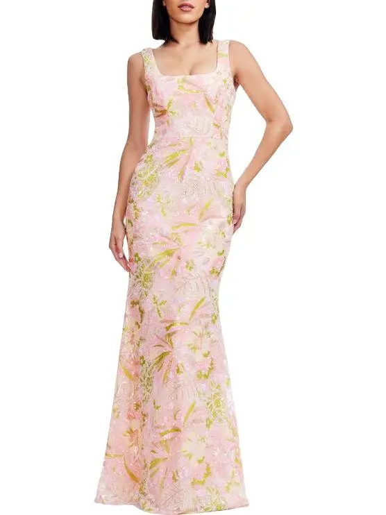 Dress The Population Tyra Beaded Sequin Floral Chiffon Gown - Soft Pink Multi