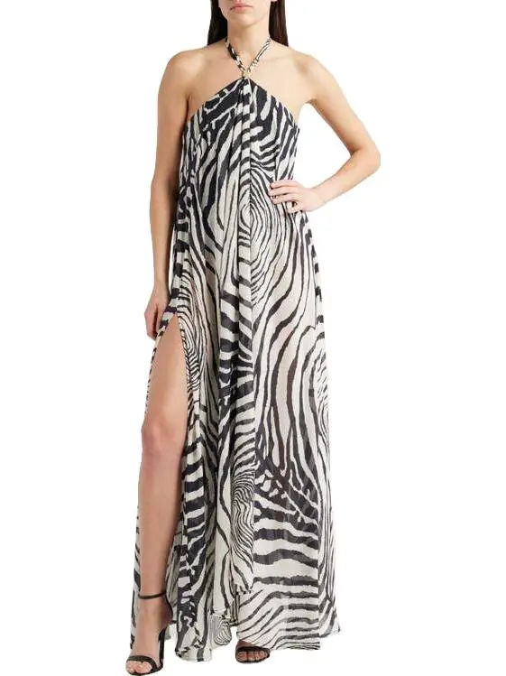 DELFI COLLECTIVE Isla Print Halter Silk Maxi Dress - Zebra