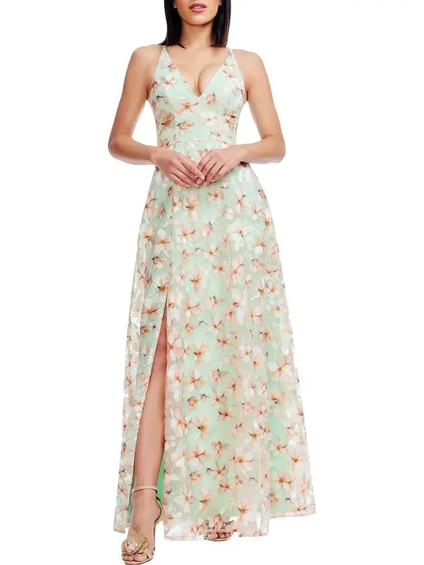 Dress The Population Alyssa Embroidered Floral Gown - Sage Multi