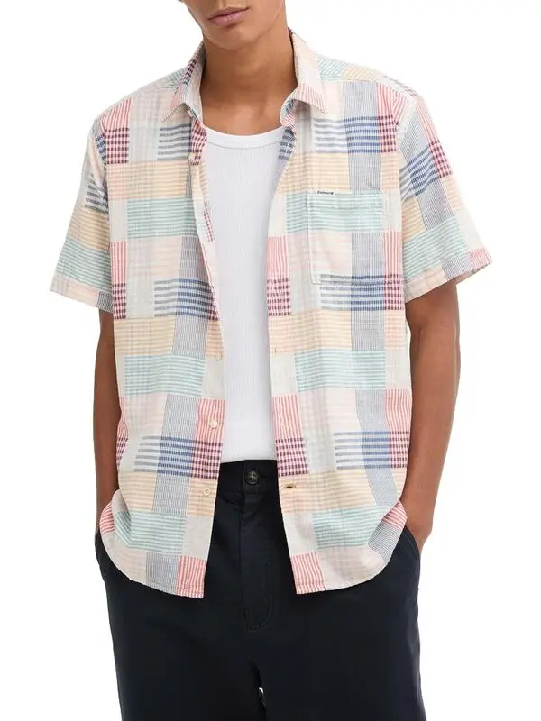 Barbour Oakshore Patchwork Print Short Sleeve Slub Cotton Button-up Shirt - Red
