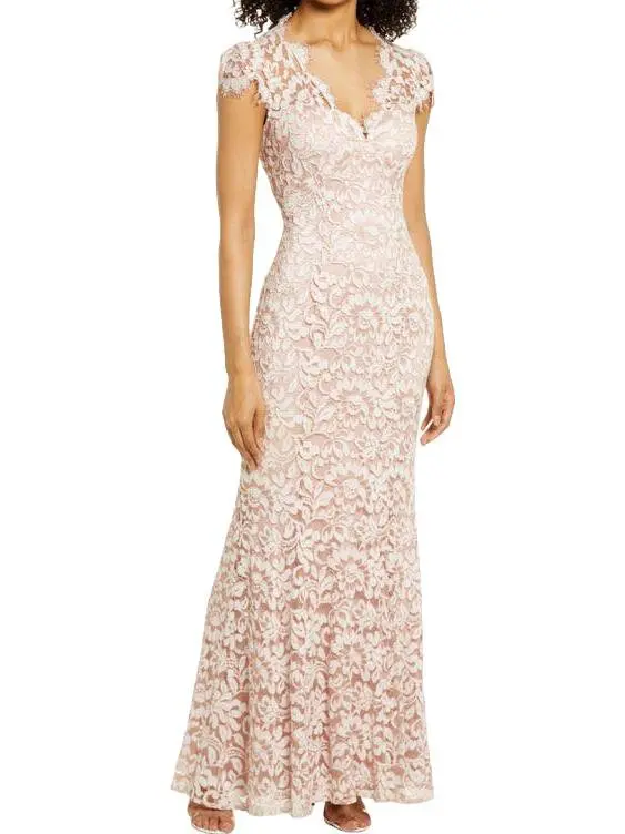 Eliza J Illusion Yoke Lace Trumpet Gown - Blush