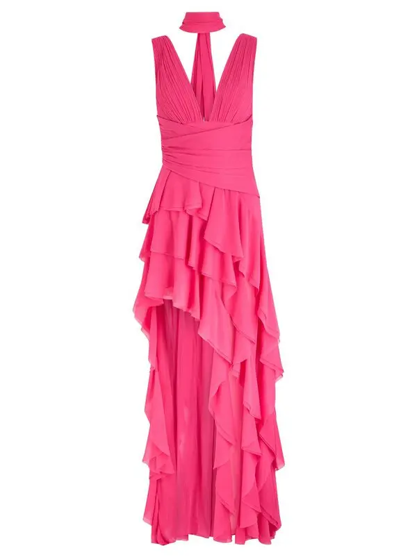 Alice + Olivia Asymmetric Chiffon Maxi Dress - Dark Pink