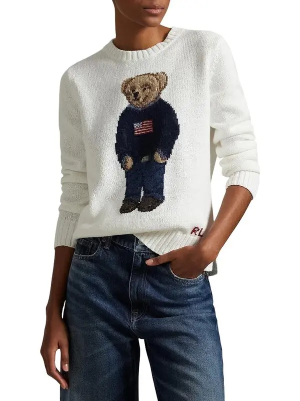 Polo Ralph Lauren Polo Bear Embroidered Crewneck Sweater - Deckwash White Multi