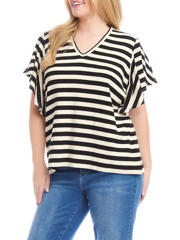 Karen Kane Stripe Flutter Sleeve Top - Black/ Cream