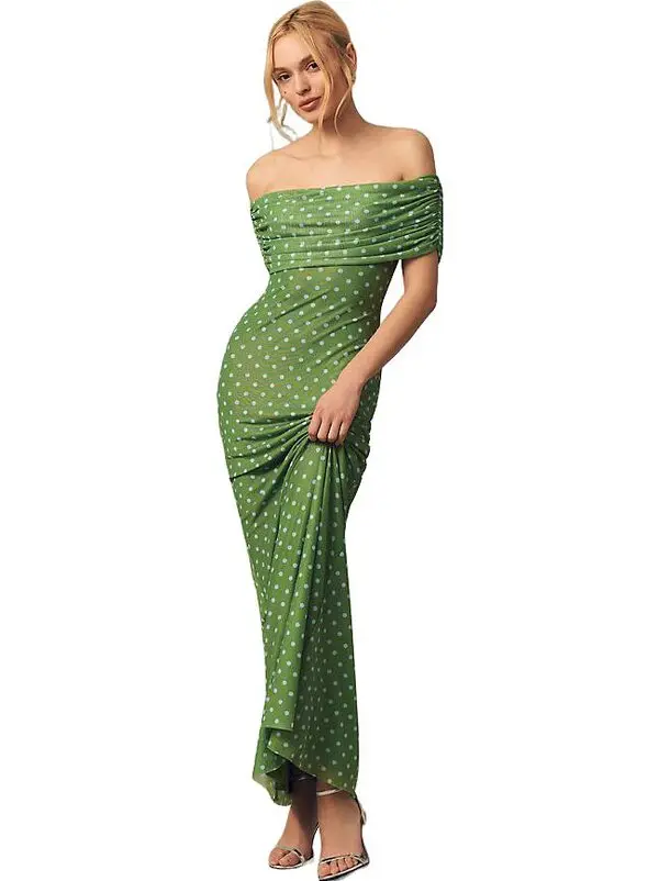 AFRM Mccall Off-the-shoulder Stretch Mesh Maxi Dress - Grass Dot