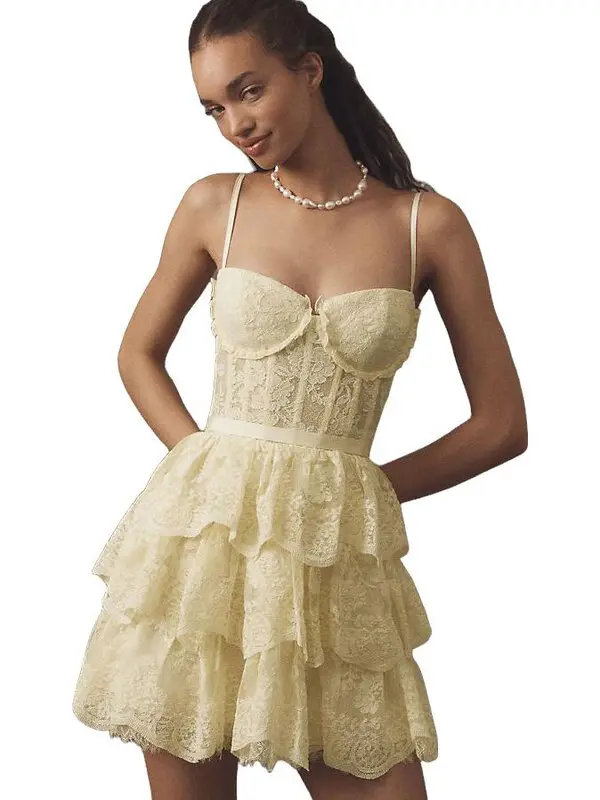 V. CHAPMAN Lace Sweetheart Fit & Flare Tiered Mini Dress - Transparent Yellow Lace