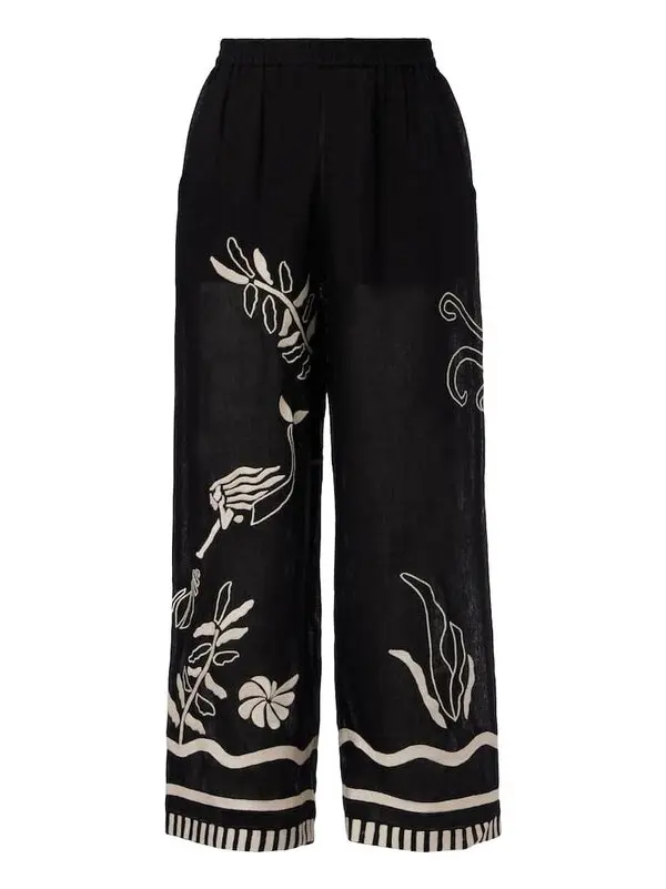 ERES Octopus Embroidered Linen Wide-leg Pants - Black