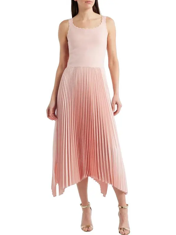 Elie Tahari Mixed Media Pleated Midi Sweater Dress - Blush