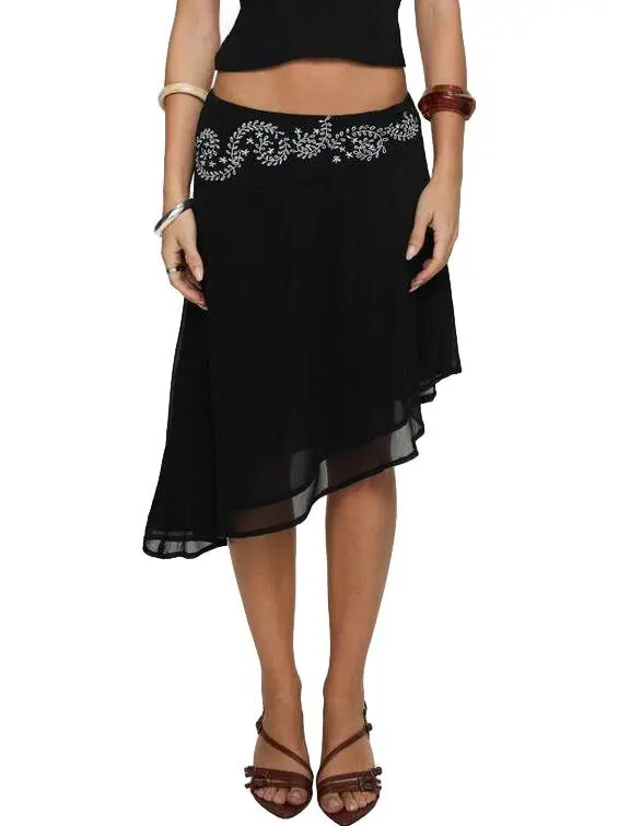 Princess Polly Embroidered Asymmetric Chiffon Skirt - Black