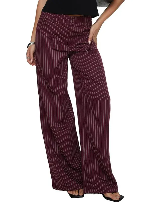 Princess Polly Lorenne Stripe Wide Leg Pants - Burgundy Pinstripe