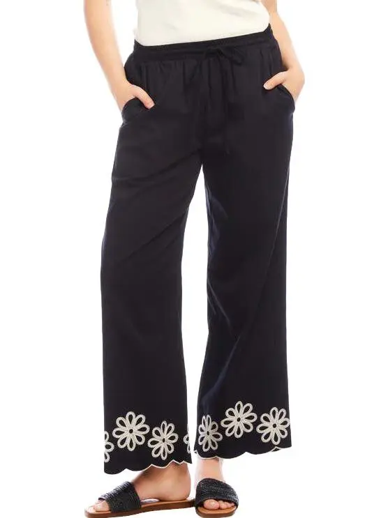Karen Kane Embroidered Scallop Cotton Pants - Black/ Cream