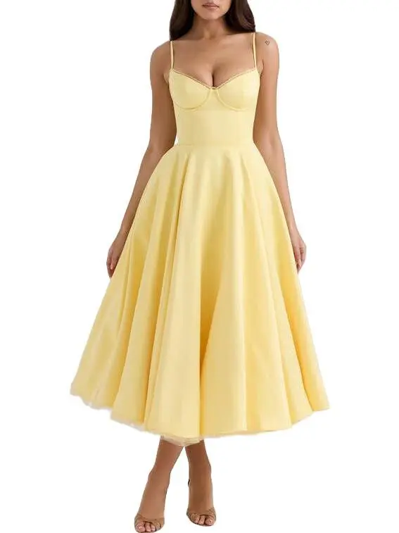 House Of Cb Mademoiselle Bustier Stretch Satin Midi Cocktail Dress - Sunshine