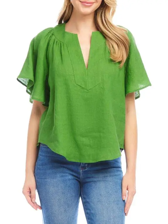 Karen Kane Flutter Sleeve Linen Top - Green