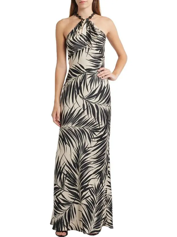 Vince Camuto Bead Detail Palm Print Satin Sheath Gown - Black