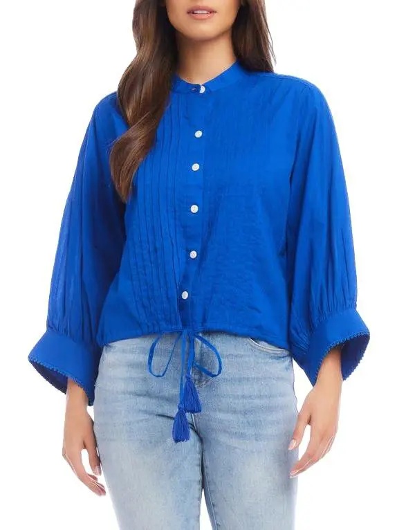 Karen Kane Pintuck Pleat Cotton Button-up Top - Blue