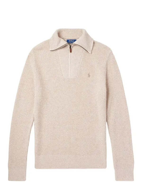Ralph Lauren Waffle-knit Wool And Cotton-blend Half-zip Sweater - Neutrals