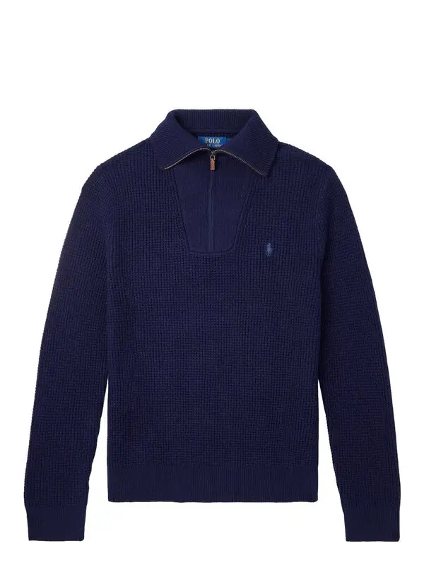 Ralph Lauren Waffle-knit Wool And Cotton-blend Half-zip Sweater - Blue