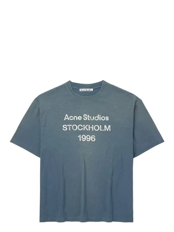 Acne Studios Exford Distressed Logo-print Cotton And Hemp-blend Jersey T-shirt - Blue