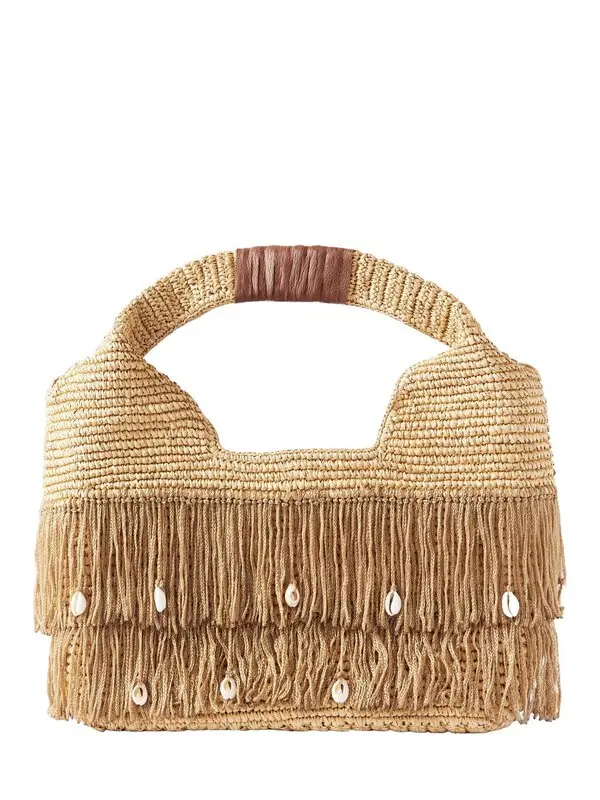 SENSI STUDIO Leather-trimmed Embellished Fringed Straw Tote - Neutrals