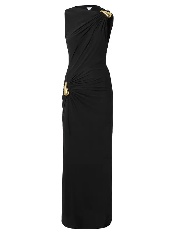 Bottega Veneta Gathered Embellished Crepe-jersey Maxi Dress - Black