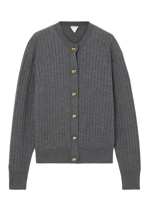 Bottega Veneta Ribbed Wool Cardigan With Knot Detailing - Gray