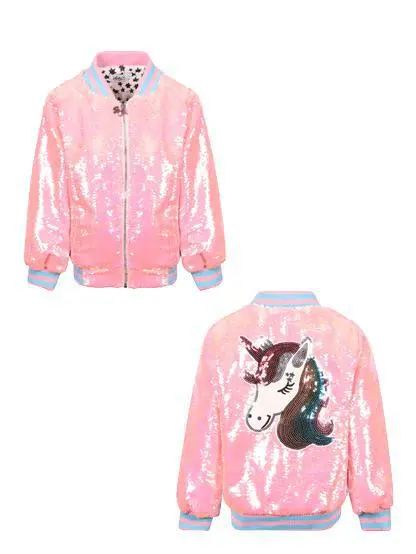 LOLA + THE BOYS Sequin Bomber Jacket With Unicorn Patch - Pink