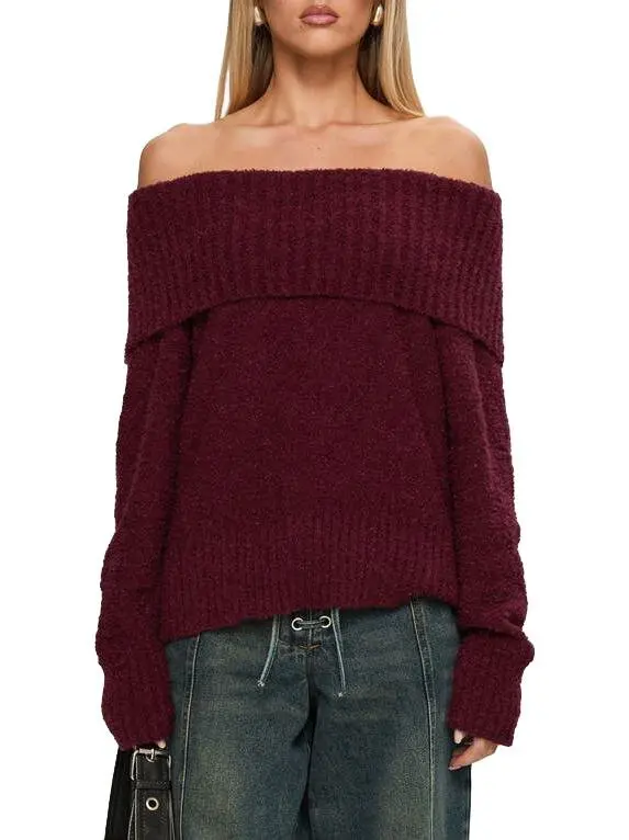Princess Polly Parkley Off-the-shoulder Bouclé Sweater - Burgundy