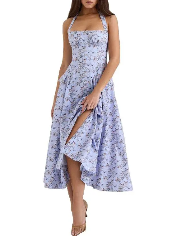 House Of Cb Floral Halter Midi Dress - Bee Floral Blue