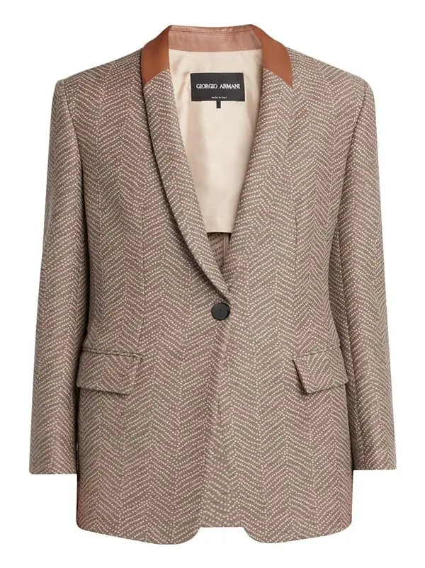 Giorgio Armani Chevron Wool Single-breasted Blazer With Leather Trim - Solid Medium Brown