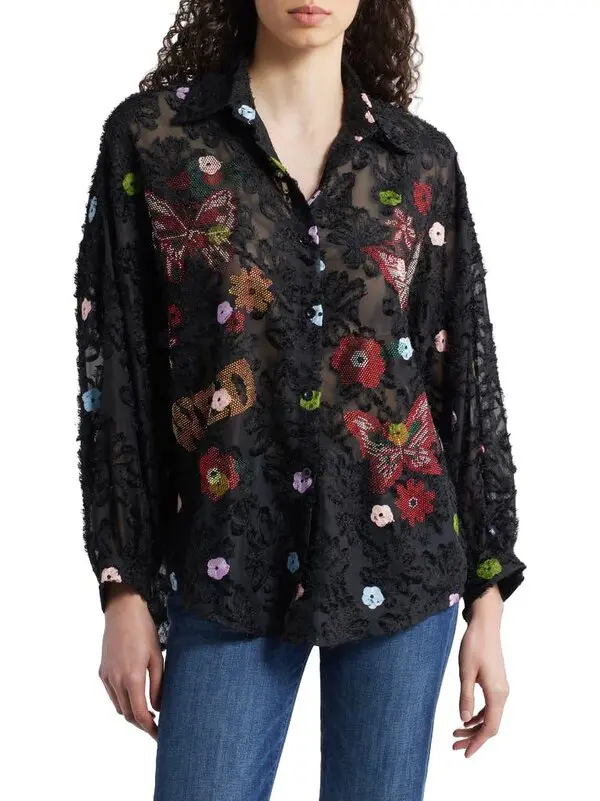 NIKKI LUND Embellished Semisheer Button-up Shirt - Black