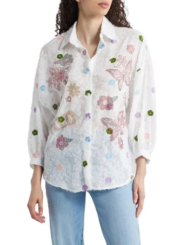 NIKKI LUND Embellished Semisheer Button-up Shirt - White