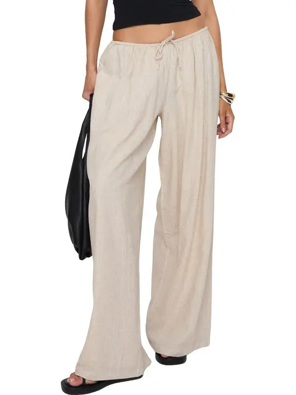 Princess Polly Wide Leg Linen & Cotton Drawstring Pants - Beige
