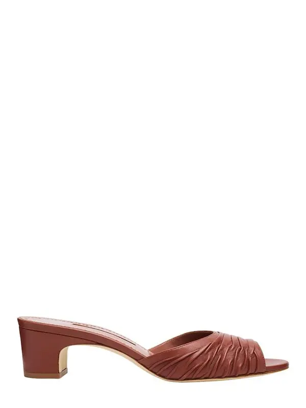 Manolo Blahnik Ruched Leather Slide Sandals - Medium Brown