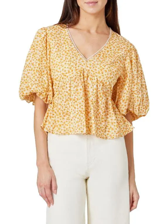Habitual Floral Balloon Elbow Sleeve Cotton Top - Oak Buff Floral