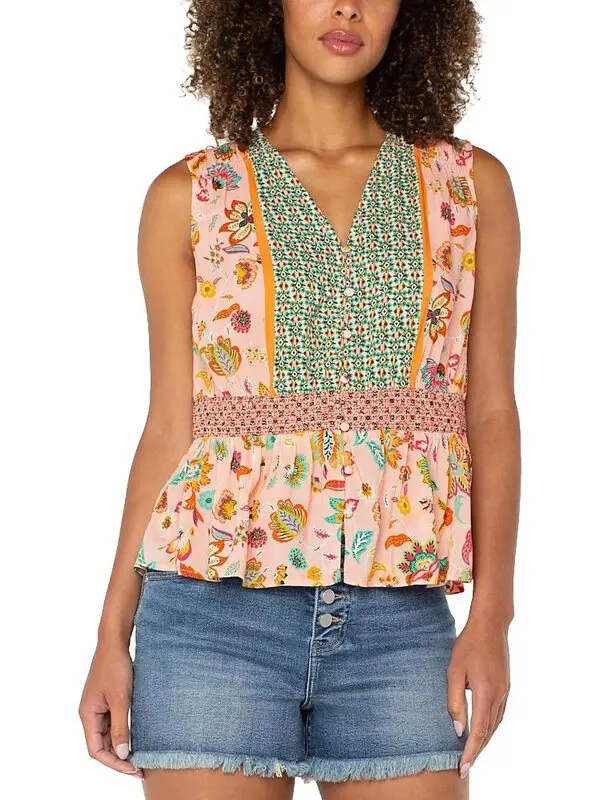 LIVERPOOL Printed Smocked Waist V-neck Top - Pink/ Green Multi Floral