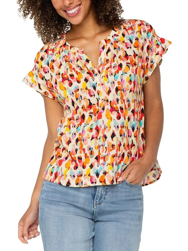 LIVERPOOL Printed Dolman Sleeve Popover Blouse - Watercolor Dots Multi