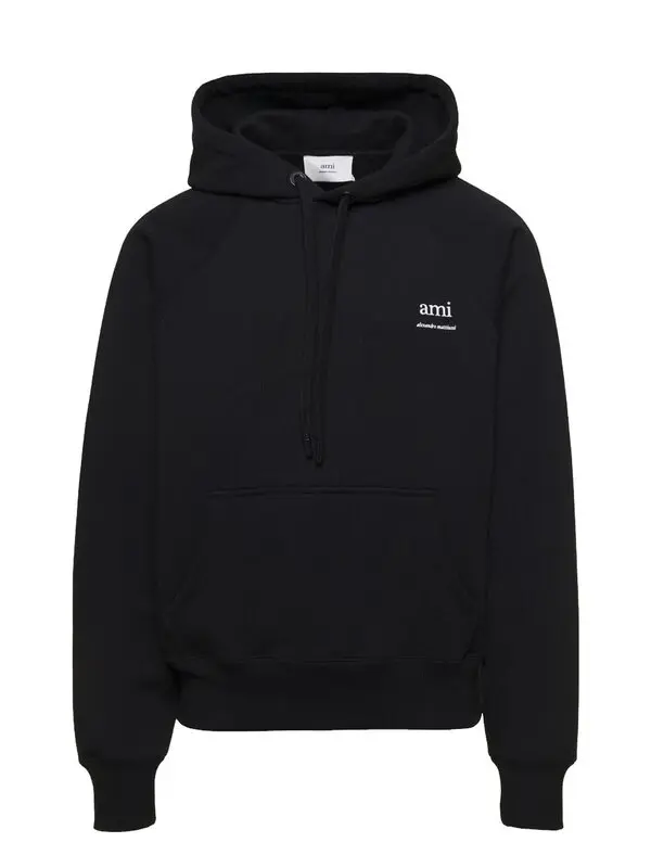 Ami Cotton Hoodie With Logo - Black