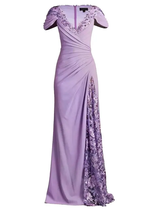 Tadashi Shoji Sunas Flower-embellished Draped Gown - Purple
