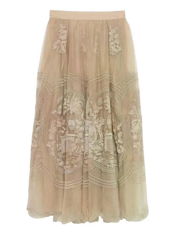 Elie Saab Embroidered Organza Midi Skirt - Neutrals