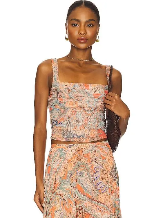 L'Agence Rasha Shirred Tank Top - Orange & Light Blue Traditional Paisley