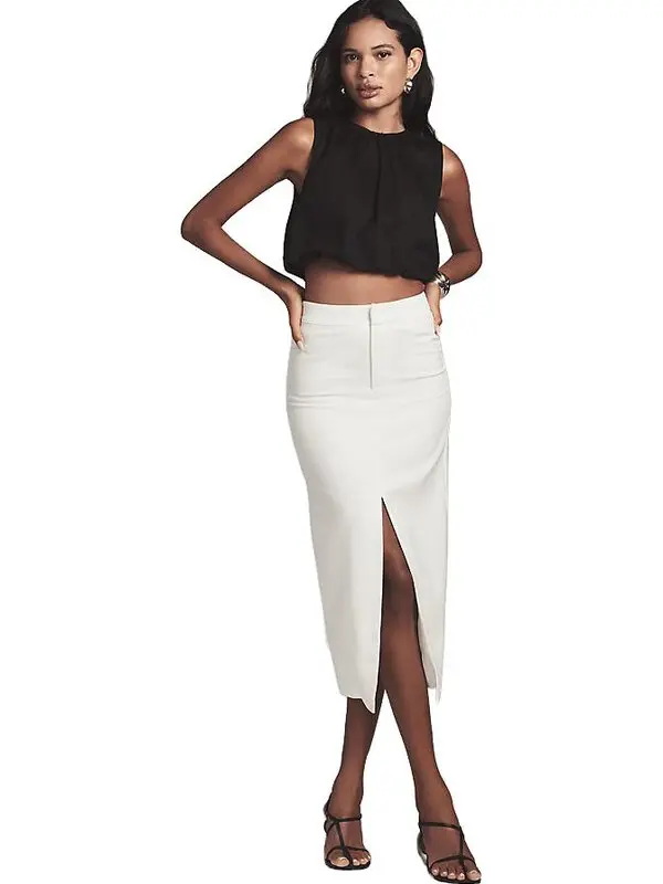 Endless Rose Linen Blend Front-slit Slim Midi Skirt - White