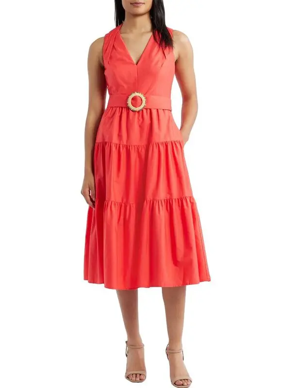 Vince Camuto Sleeveless Belted Tiered Cotton Midi Dress - Poppy