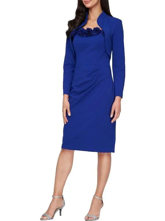 Alex Evenings Rosette Stretch Crepe Cocktail Dress With Bolero Jacket - Royal