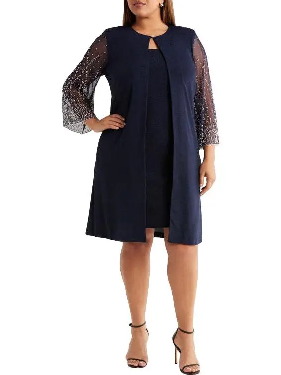 Alex Evenings Metallic Knit Cocktail Dress With Jacket - Dark Navy