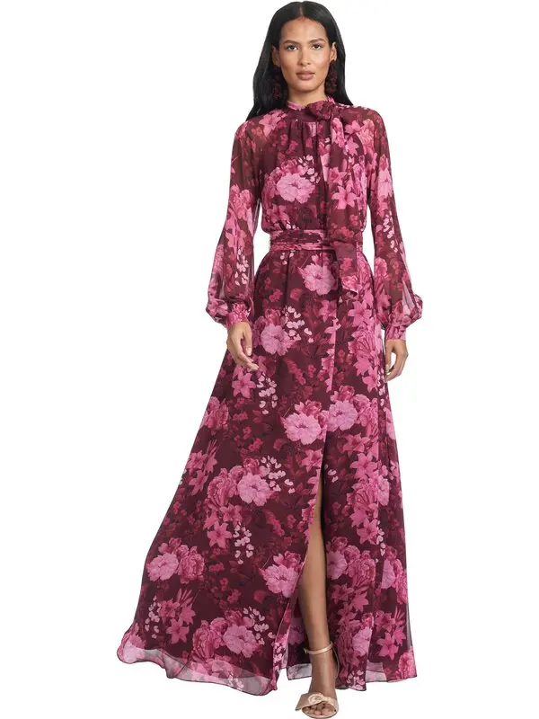 Sachin & Babi Vera Floral Chiffon Gown - Raspberry Floribunda