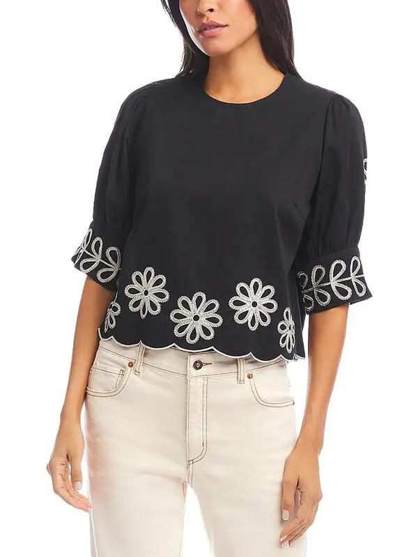 Karen Kane Embroidered Scallop Top - Black