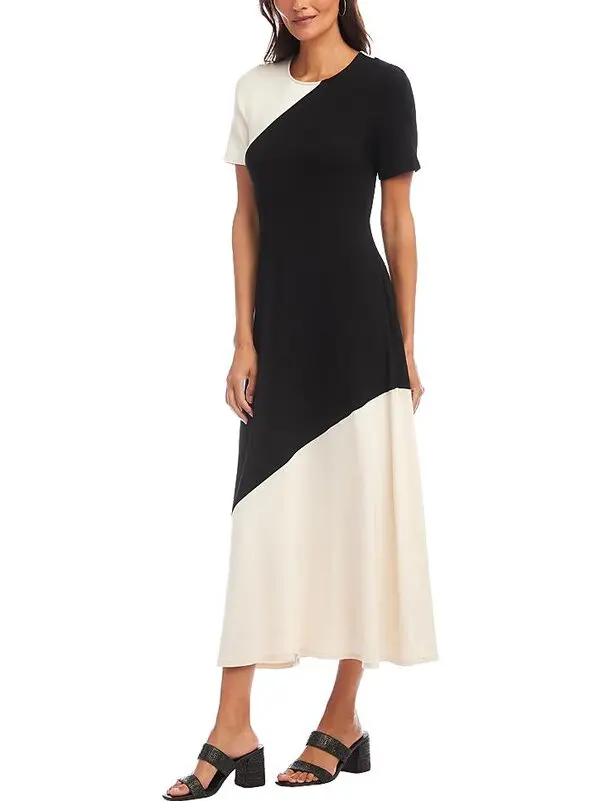 Karen Kane Short Sleeve Contrast Midi Dress - Ecru/ Black