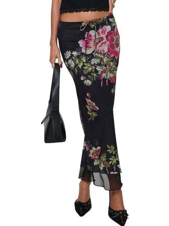 Princess Polly Floral Print Maxi Skirt - Black Floral