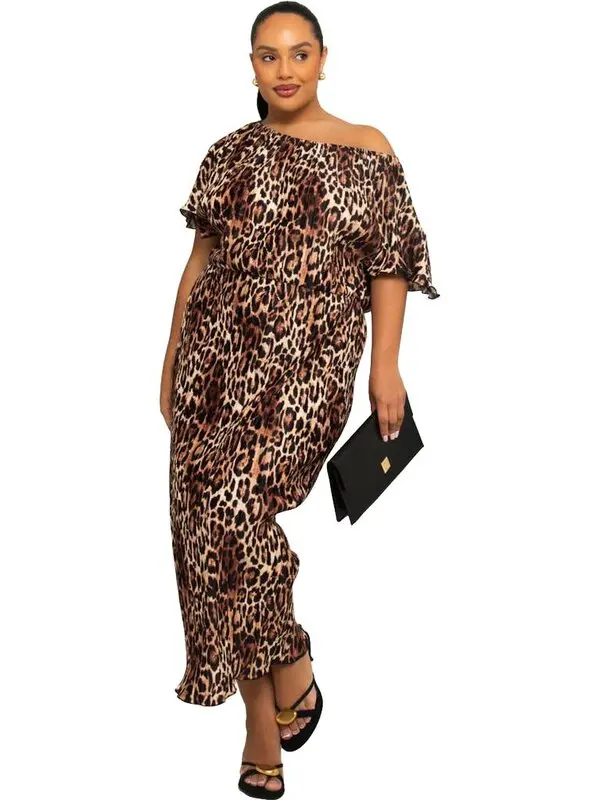 FASHION-SZN CURVE Leopard Plisse Midi Dress - Brown